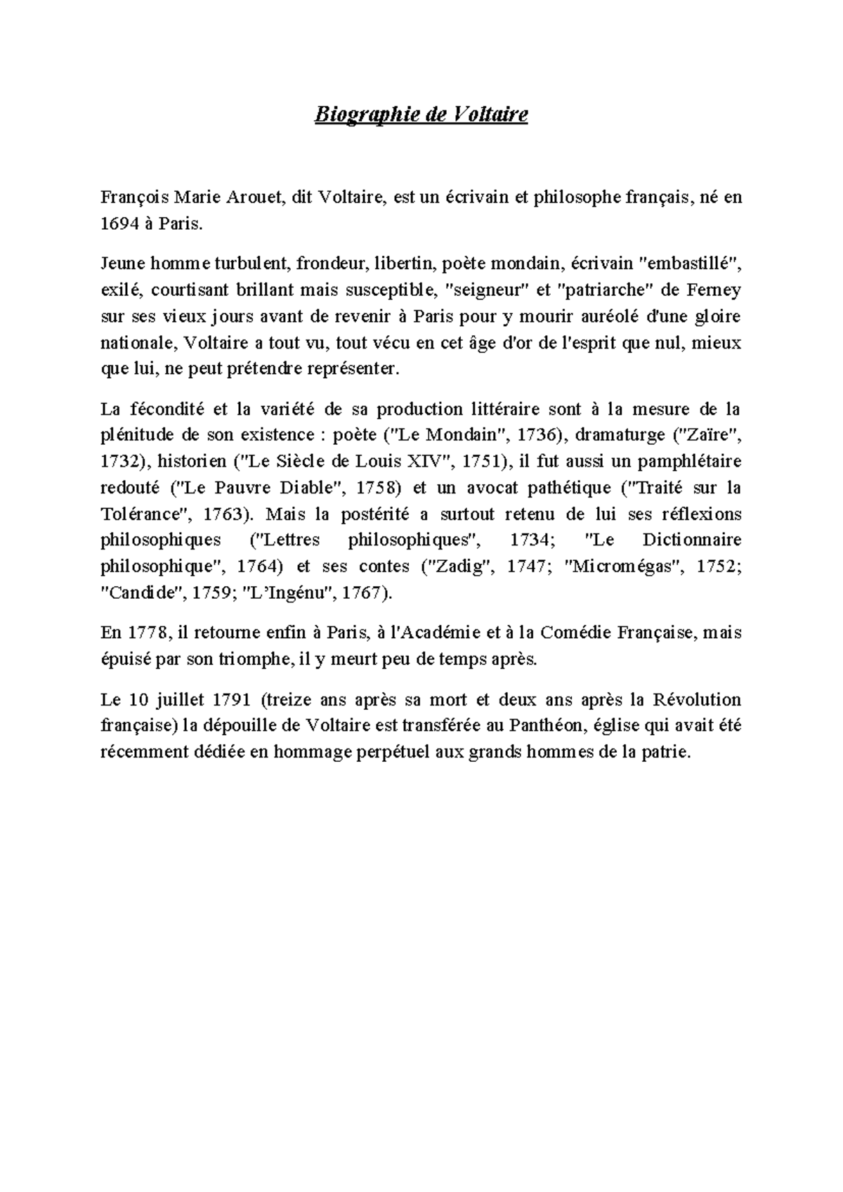 Biographie de Voltaire - Biographie de Voltaire François Marie Arouet ...