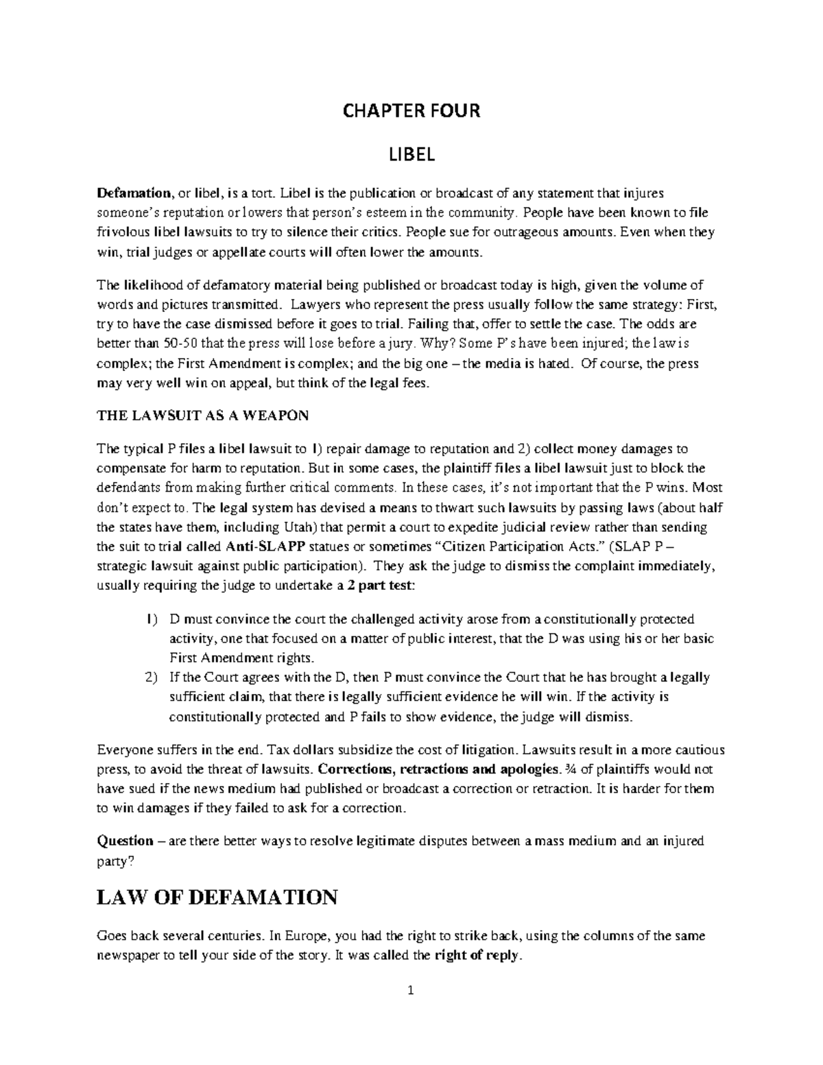 Chapter+FOUR - Chapter 4 Notes - CHAPTER FOUR LIBEL Defamation, or ...