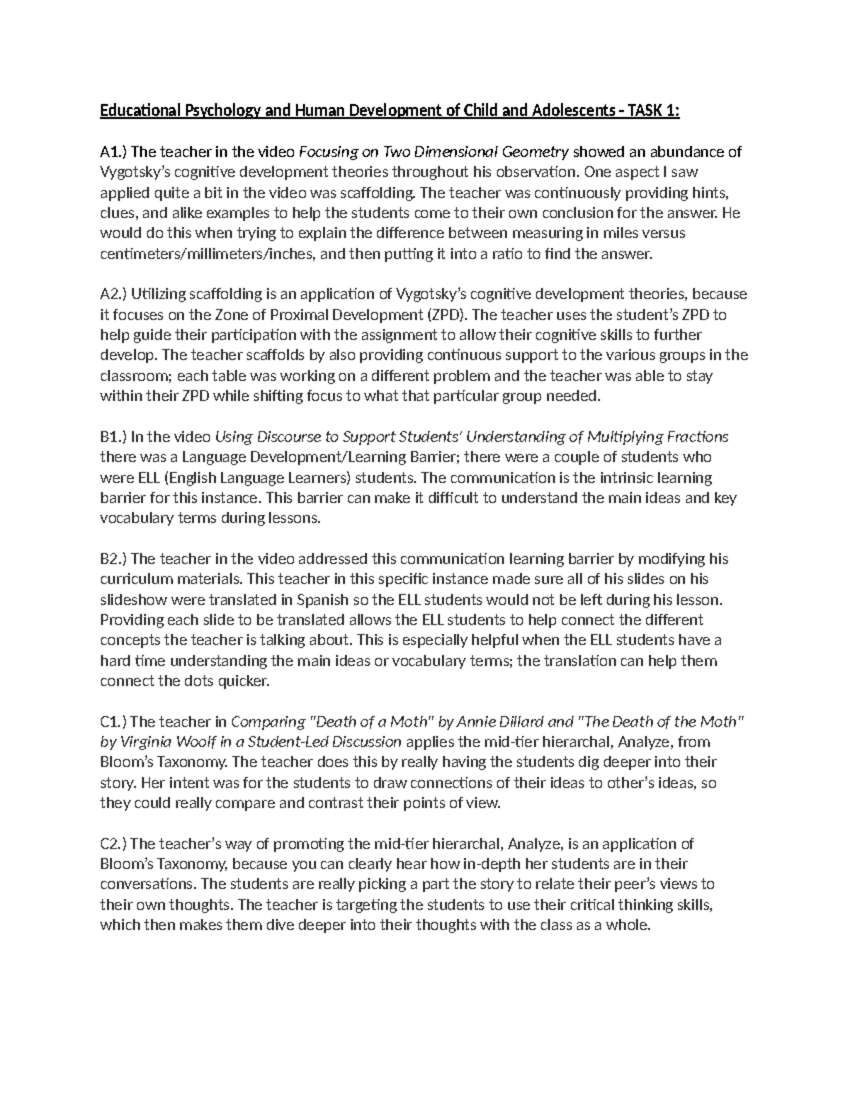 Educational Psych Task 1 - Educational Psychology and Human Development ...