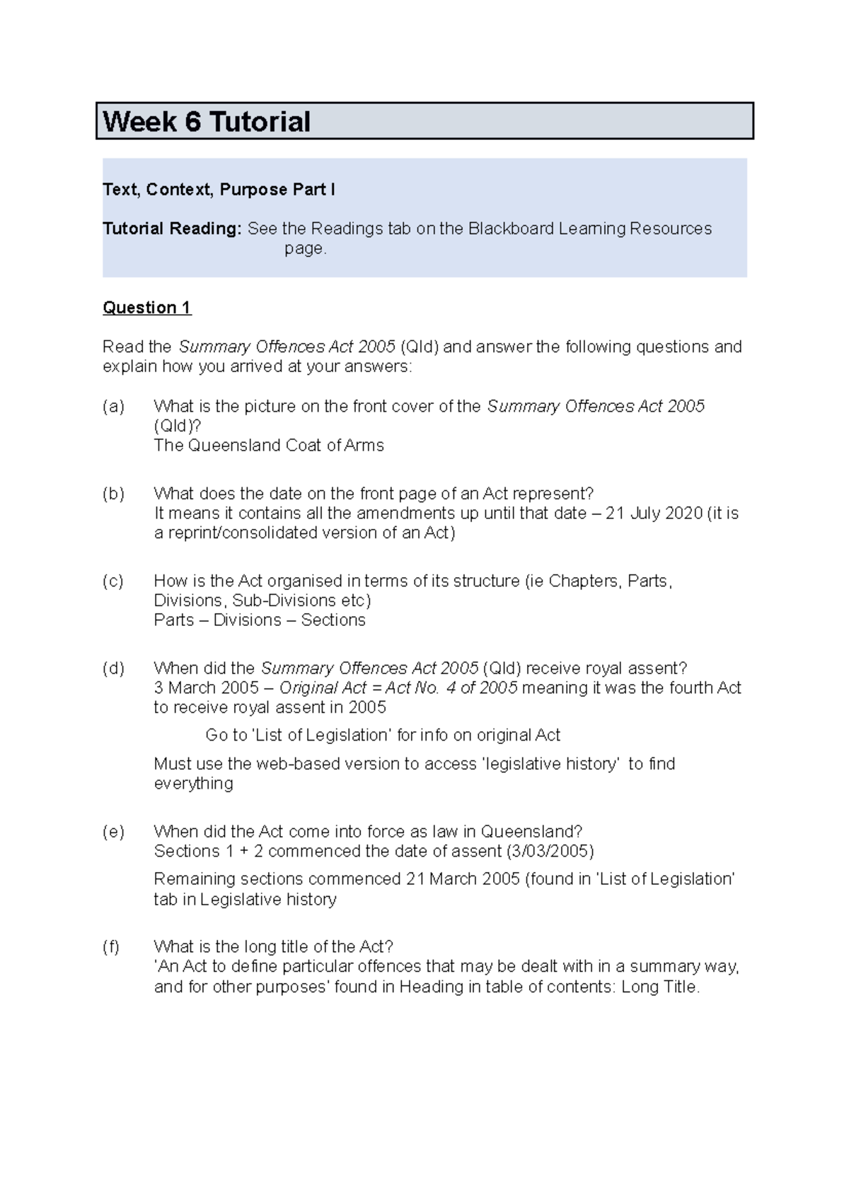 Week 6 Tutorial - Questions and answers (not that coherent sorry ...