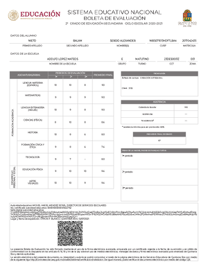 Doc - hola - SISTEMA EDUCATIVO NACIONAL BOLETA DE EVALUACI”N 2 o GRADO DE EDUCACI”N SECUNDARIA ...