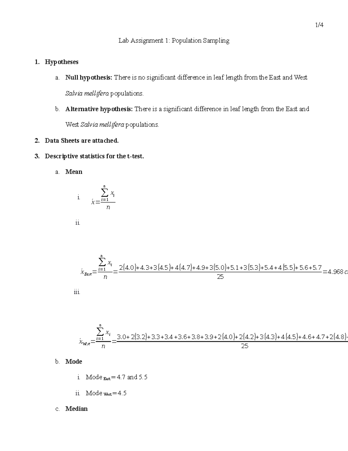 BIOL 450 Lab Assignment 1 - Population Sampling - 1/4 Lab Assignment 1 ...
