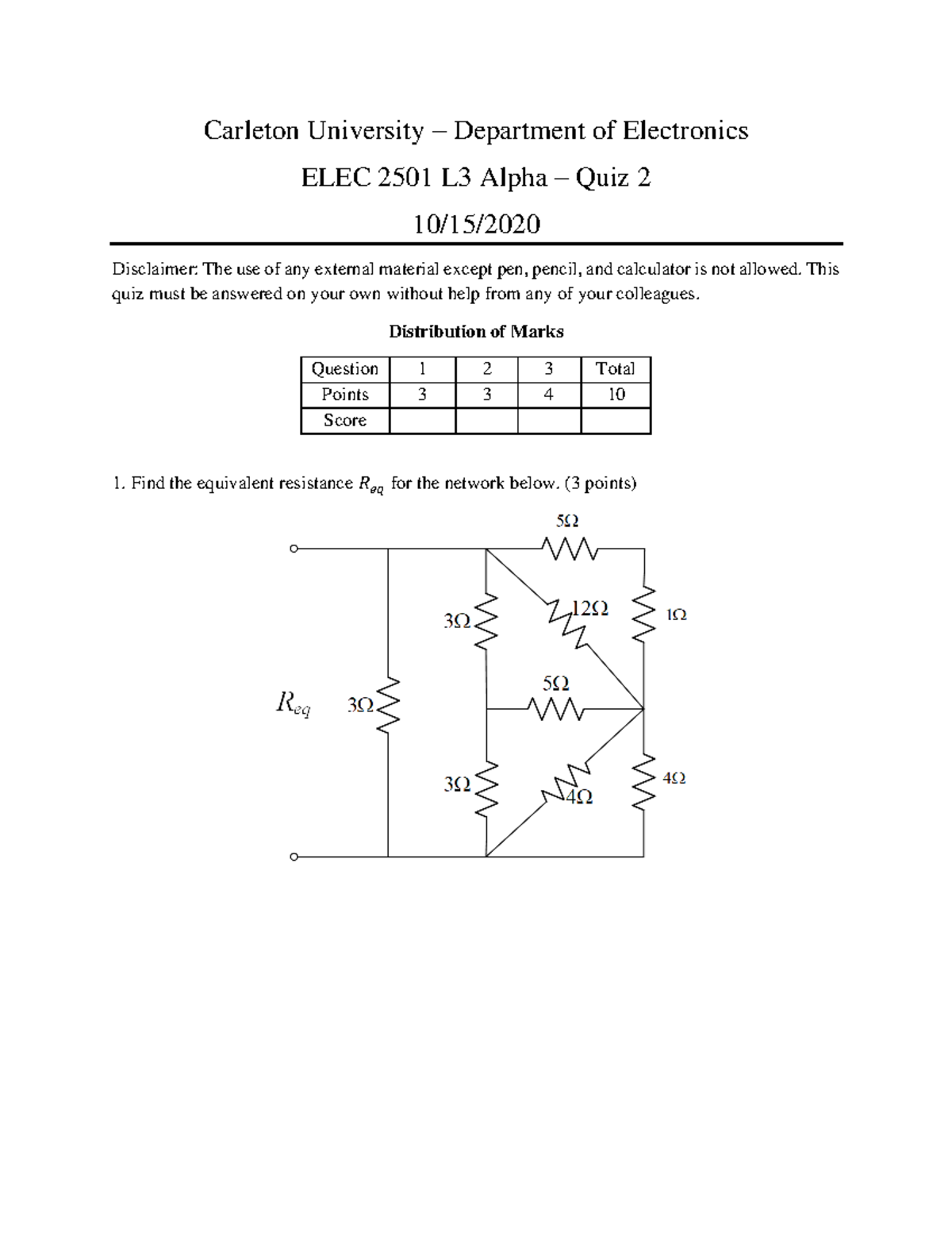 Quiz Autumn 2020, questions - Carleton University – Department of Electronics ELEC 2501 L3 Alpha ...