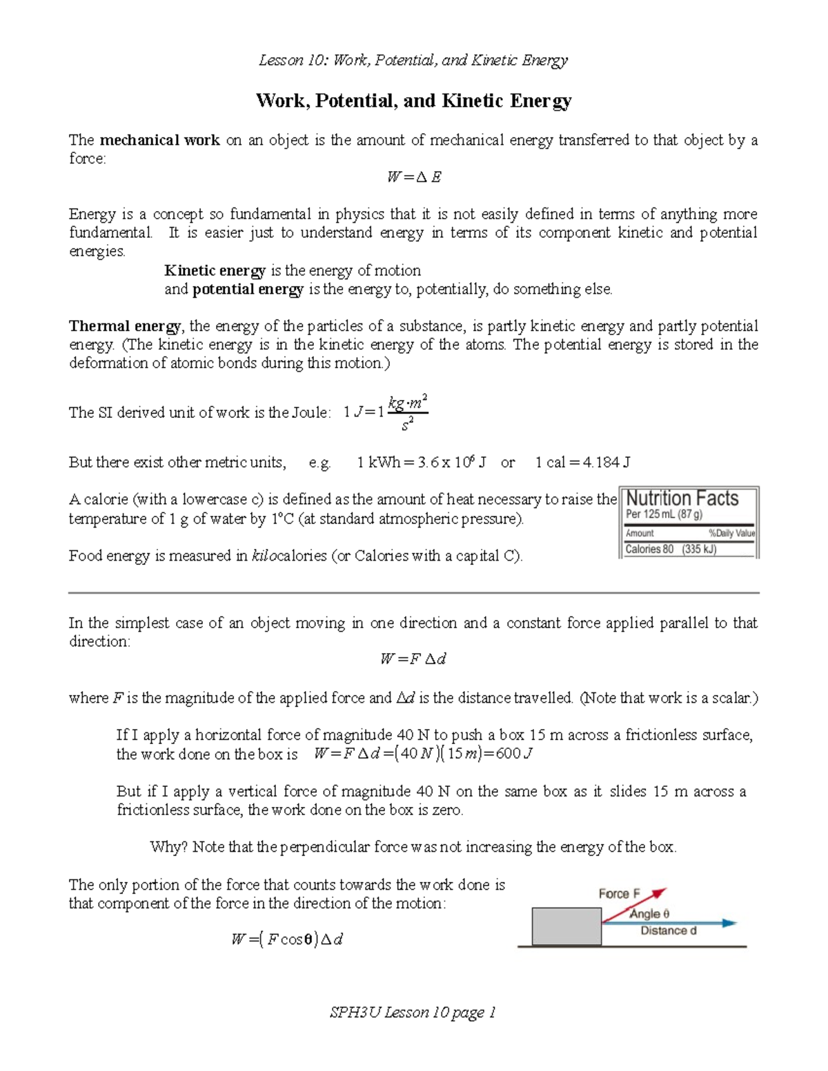 Lesson 10 Work Potential and Kinetic Energy - Work, Potential, and ...