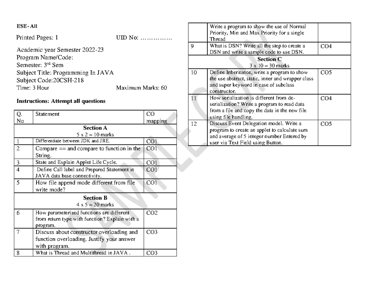 JAVA Sample EST - ESE- All Printed Pages: 1 UID No ...