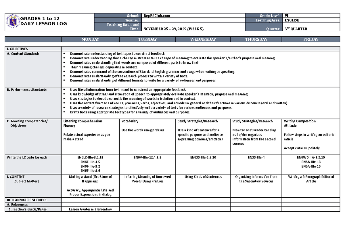 Daily Lesson Log in English Week 5 Practice material - Study and ...