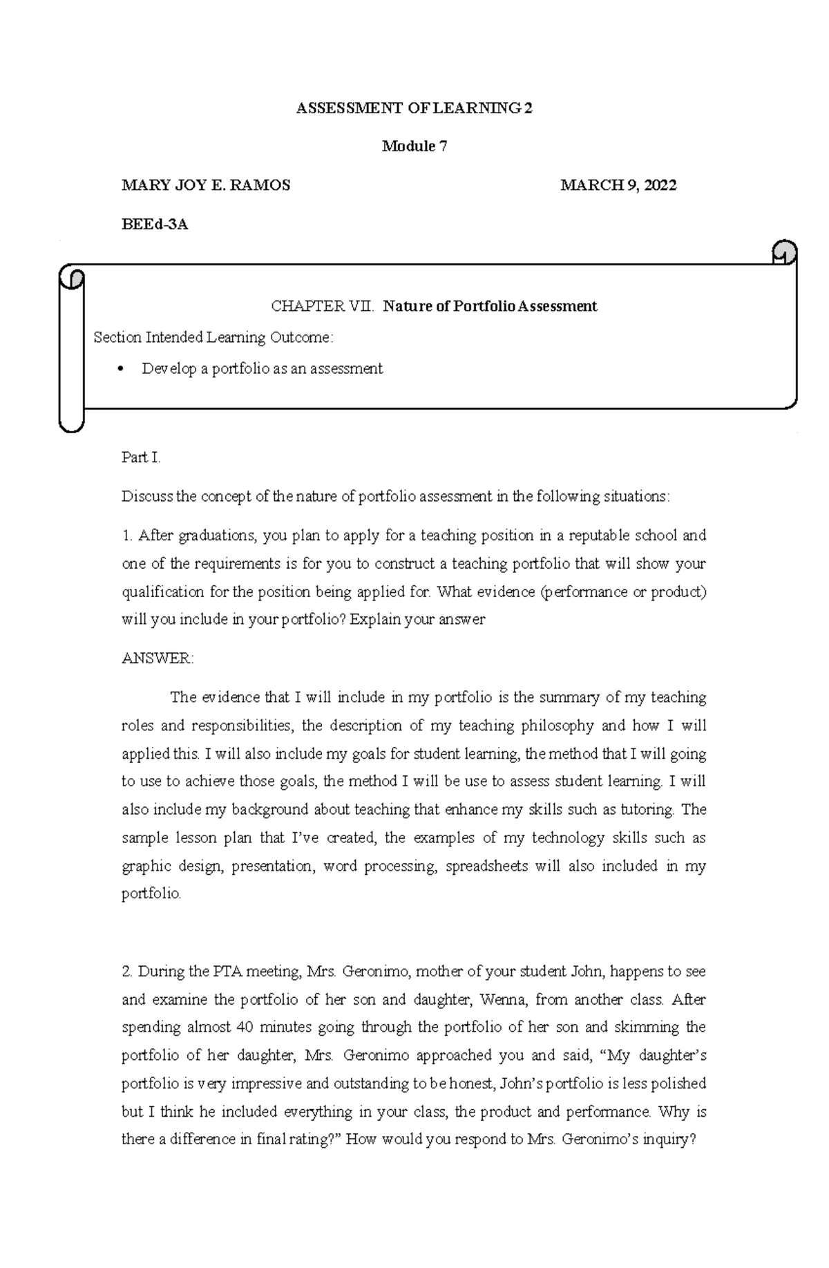 Module 7-8 Ramos, MARY JOY - ASSESSMENT OF LEARNING 2 Module 7 MARY JOY ...