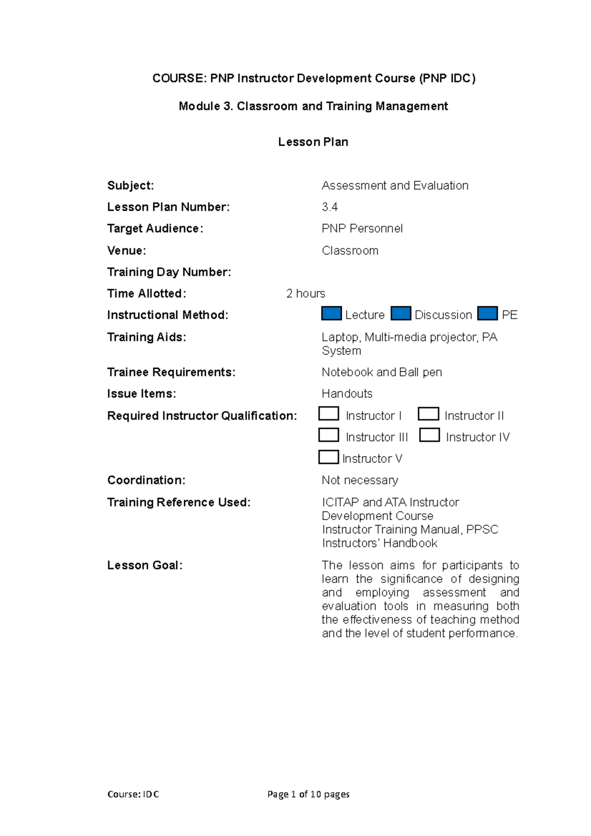 3.4 Assessment and Evaluation (FLE) - COURSE: PNP Instructor ...