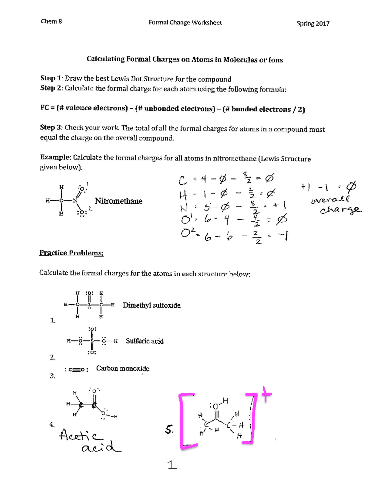 Formal Charge Worksheet - Solutions - Chem 8 Formal Change Worksheet ...