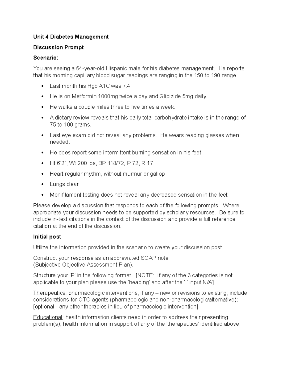 NU 636 Unit 4 Diabetes Management SOAP note - Unit 4 Diabetes ...