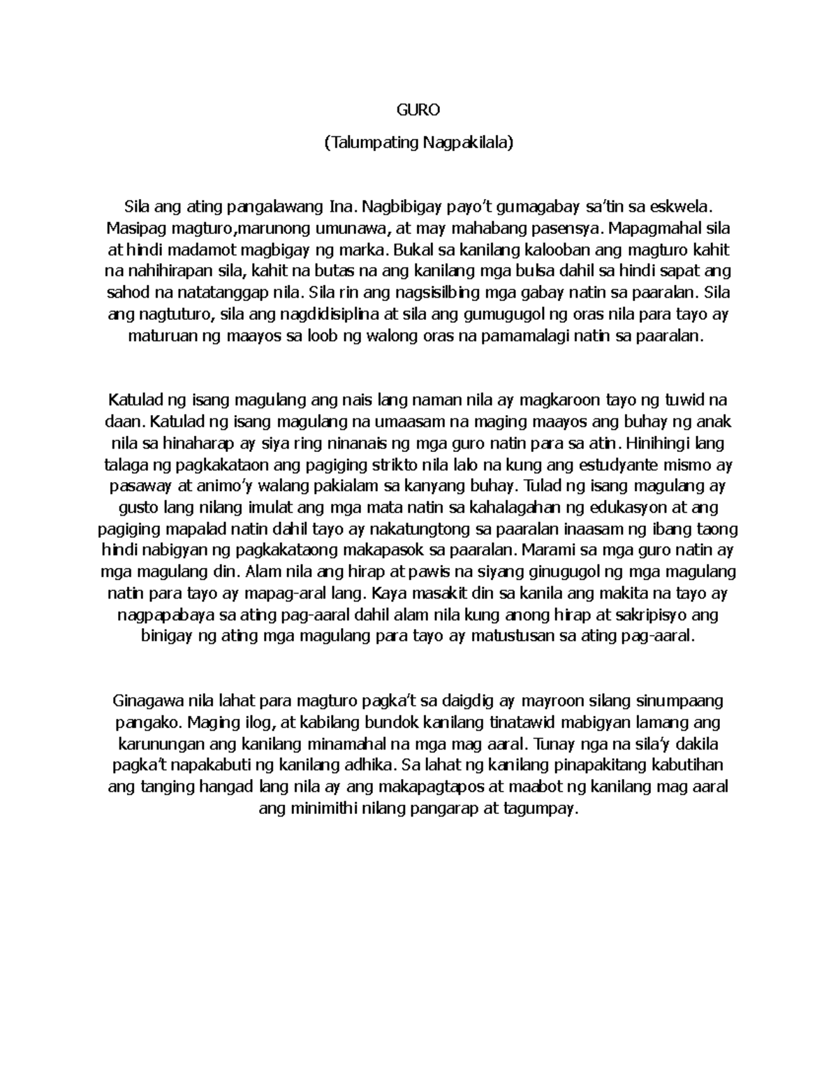Talumpati guro - a short essay - GURO (Talumpating Nagpakilala) Sila ...