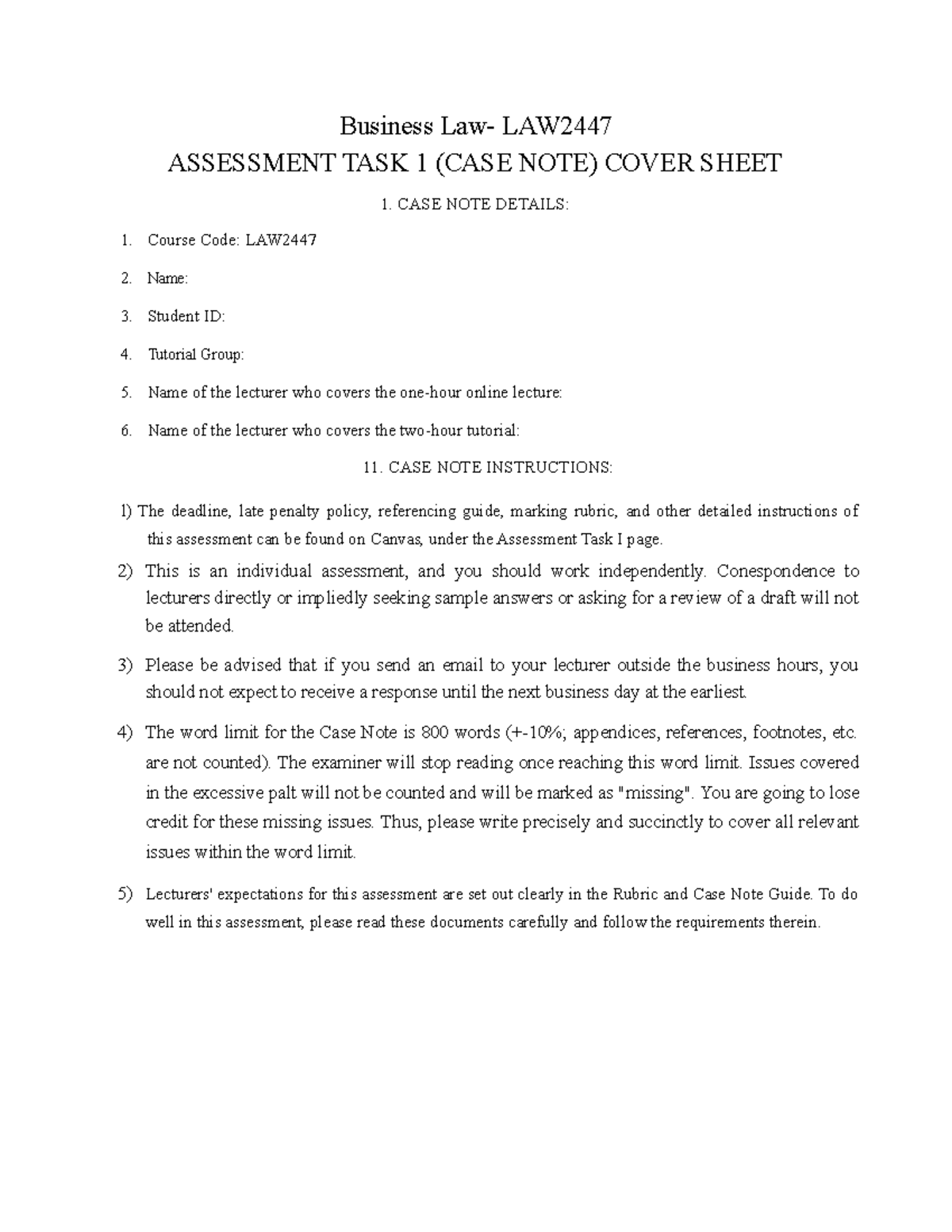 Task 1 Case Note Question Sem 2 2023 [Official Version] - Business Law- LAW ASSESSMENT TASK 1 ...