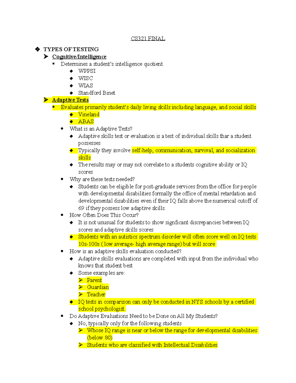 CS321 Final - CS321 FINAL TYPES OF TESTING Cognitive/Intelligence ...