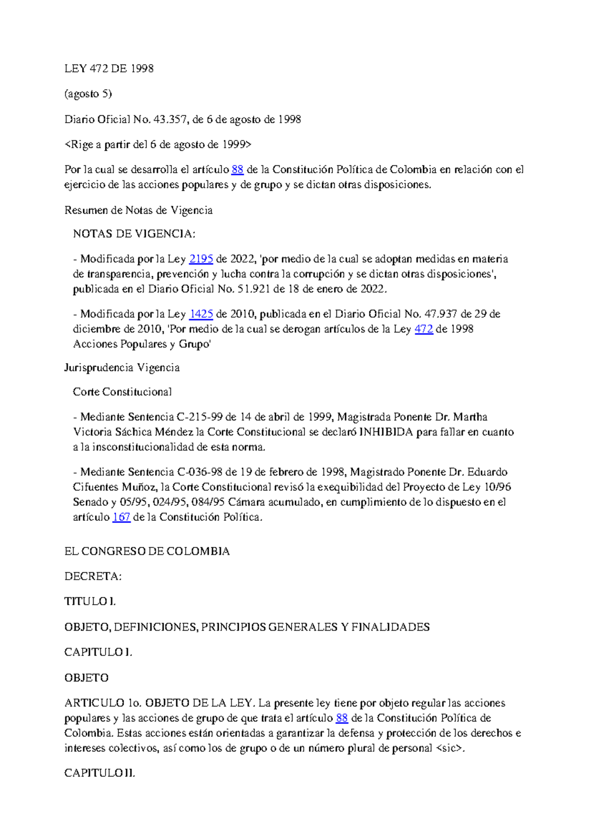 Ley 0472 1998 - LEY 472 DE 1998 (agosto 5) Diario Oficial No. 43, de 6 de agosto de 1998