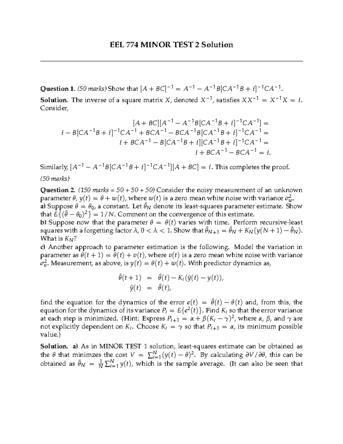 Minor TEST 2 Solution - Parameter Estimation and System Identification ...