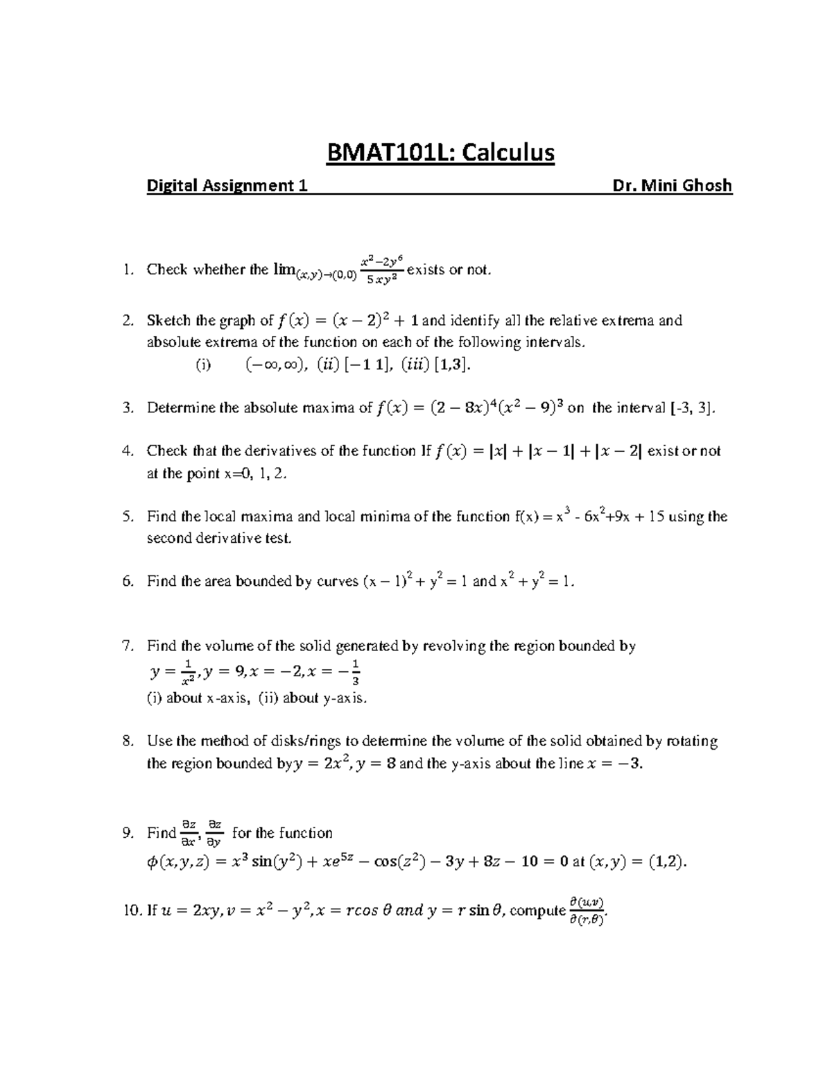 Digital-assignment 1 - DA1 1st year CALCULUS - BMAT101L: Calculus ...