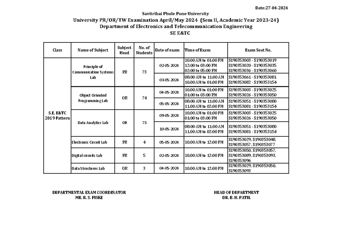 SE & TE SPPU PR OR Exam dates SEM II AY 2023-24 - Date:27-04- Class ...