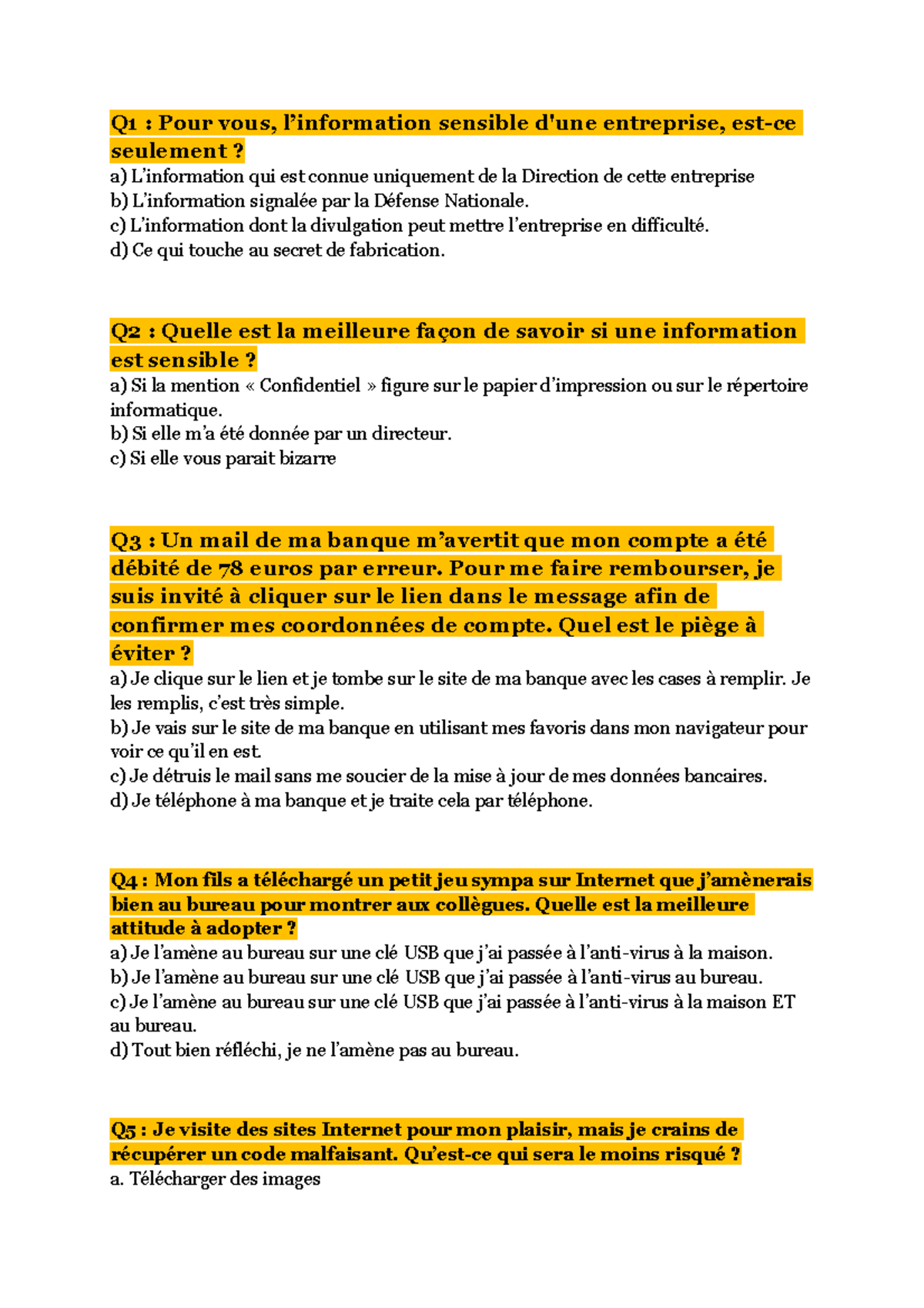 QCM 2 - questions - Q1 : Pour vous, l’information sensible d'une ...