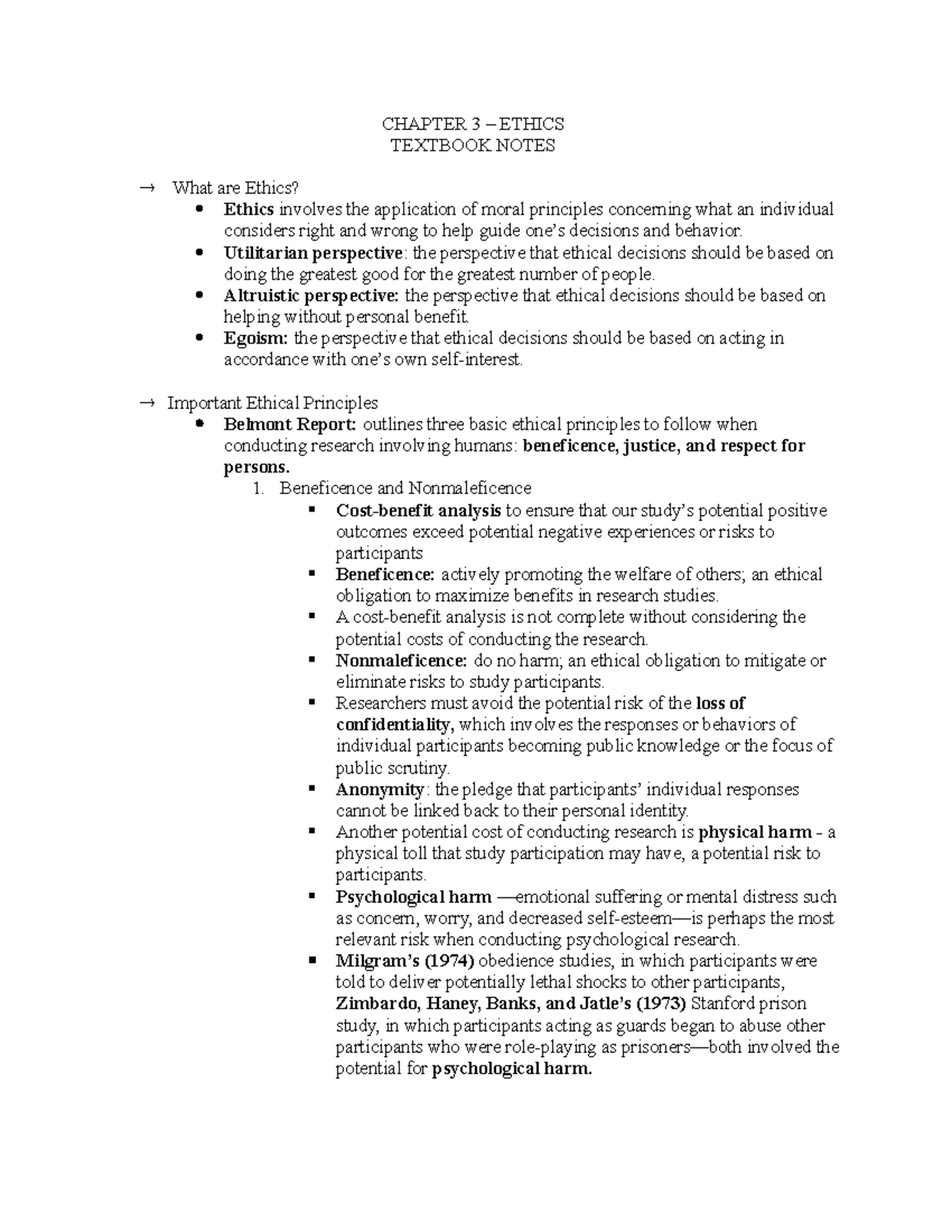 Chapter 3 - CHAPTER 3 – ETHICS TEXTBOOK NOTES What are Ethics? Ethics ...