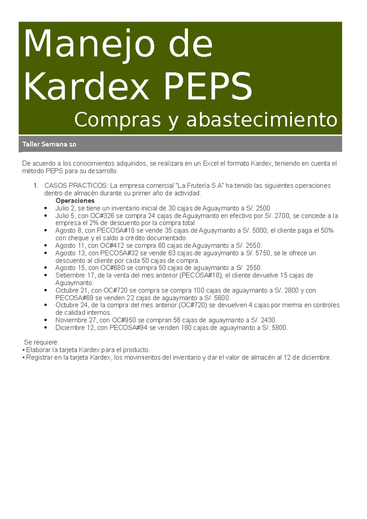 Ejercicio semana 9 Kardex - Manejo de Kardex PEPS Compras y ...