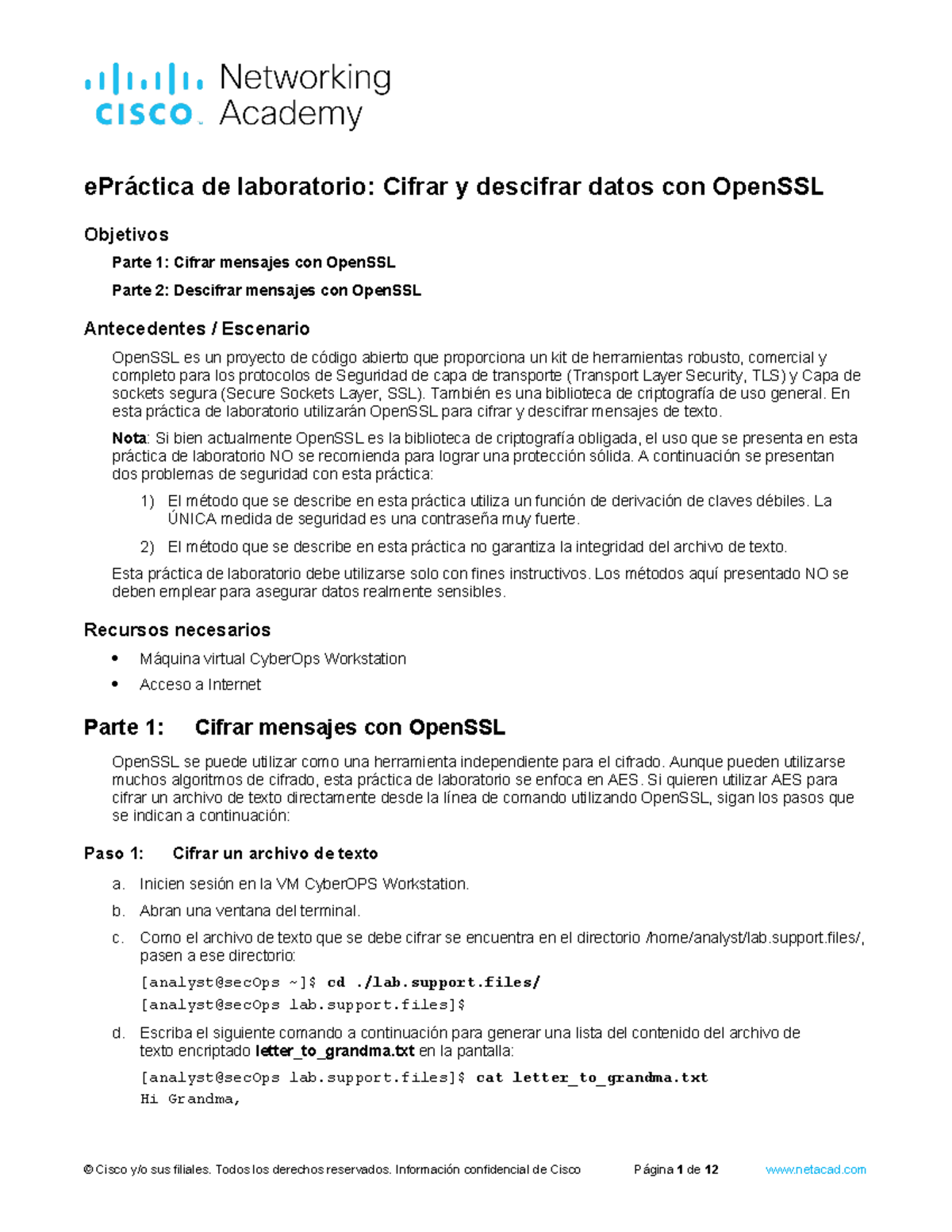 Seguridad de redes Lab - Encrypting and Decrypting Data Using Open SSL - ePráctica de ...