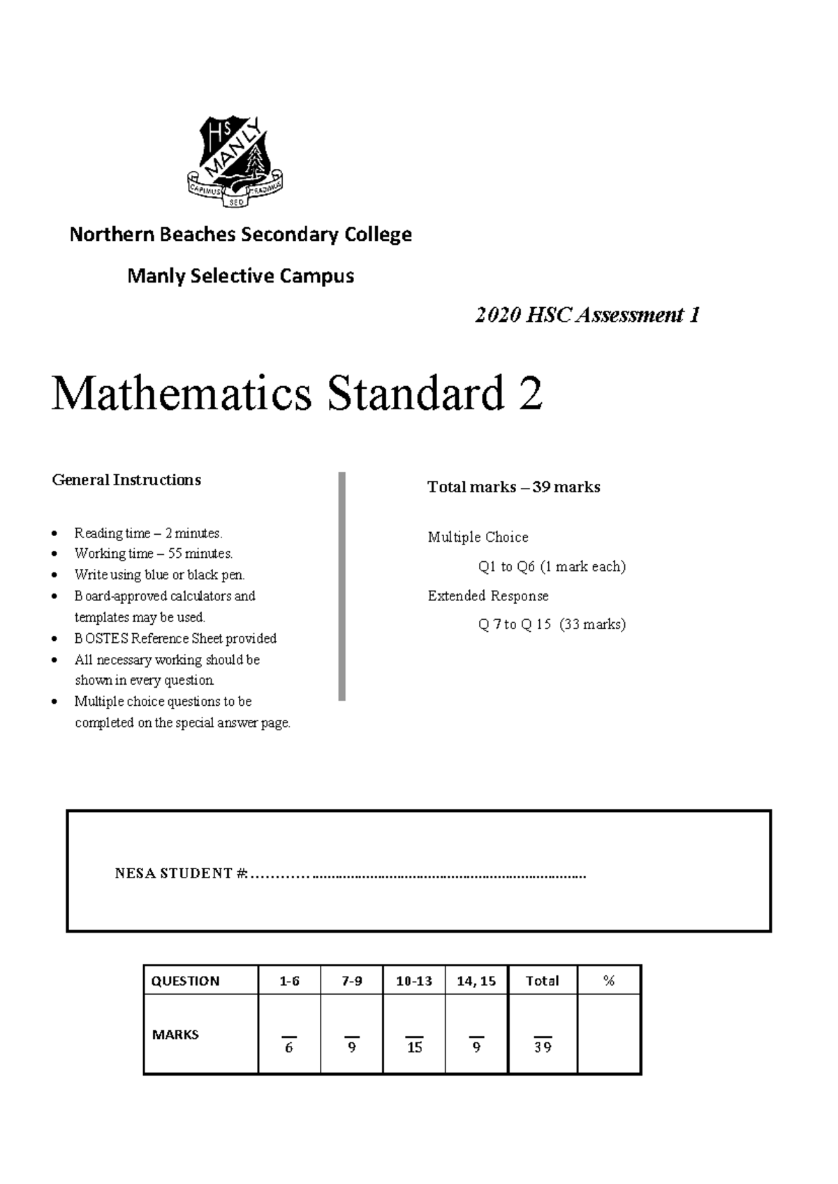 2020 MSC Math Stand A1 Exam - Section I NESA STUDENT - Studocu
