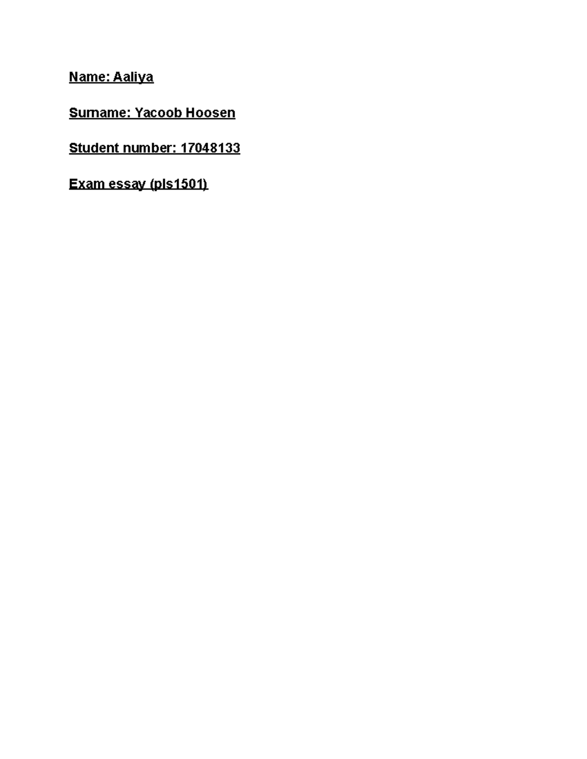 Essay - Name: Aaliya Surname: Yacoob Hoosen Student number: 17048133 ...