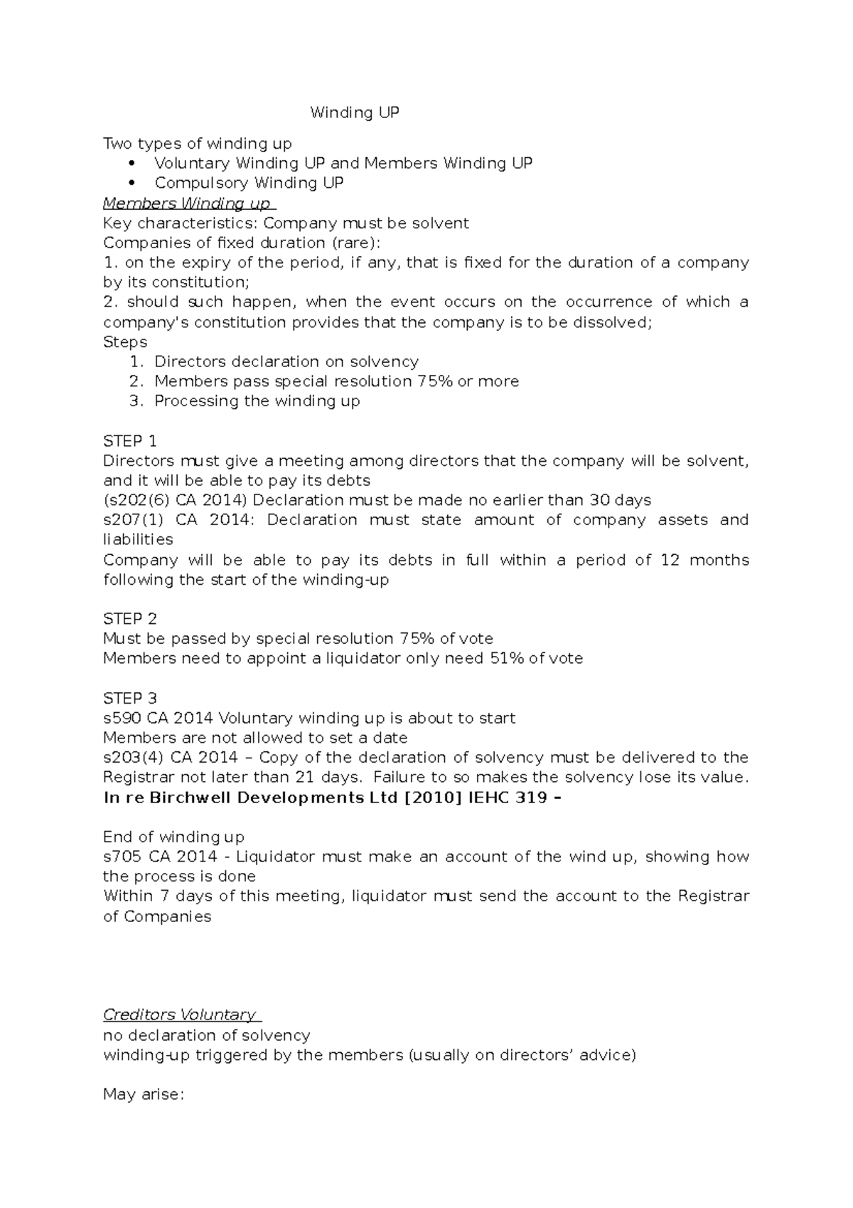 Winding up notes - Company law - Winding UP Two types of winding up ...