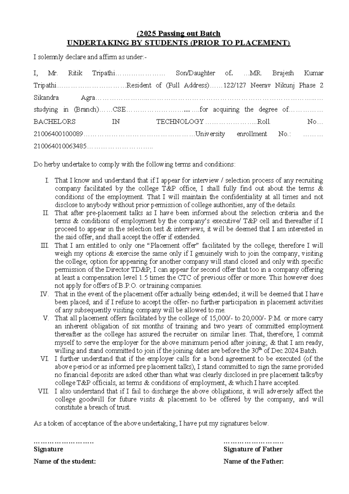 U N D E R T A K I N G (By Students for Placement) - (2025 Passing out ...