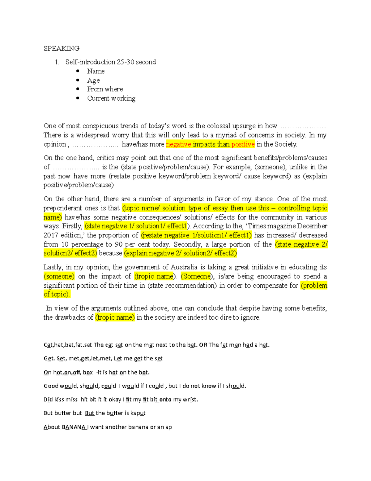 Pte - PTE - SPEAKING Self-introduction 25-30 second Name Age From where ...