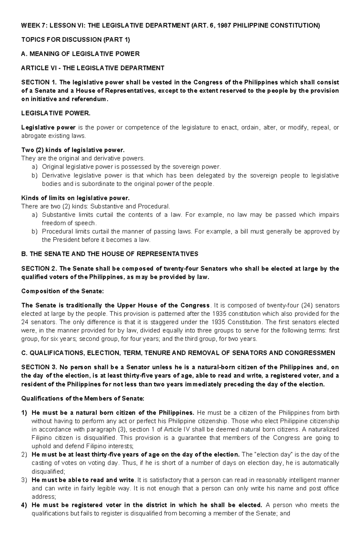WEEK 7 Article VI Legislative Department - WEEK 7: LESSON VI: THE ...