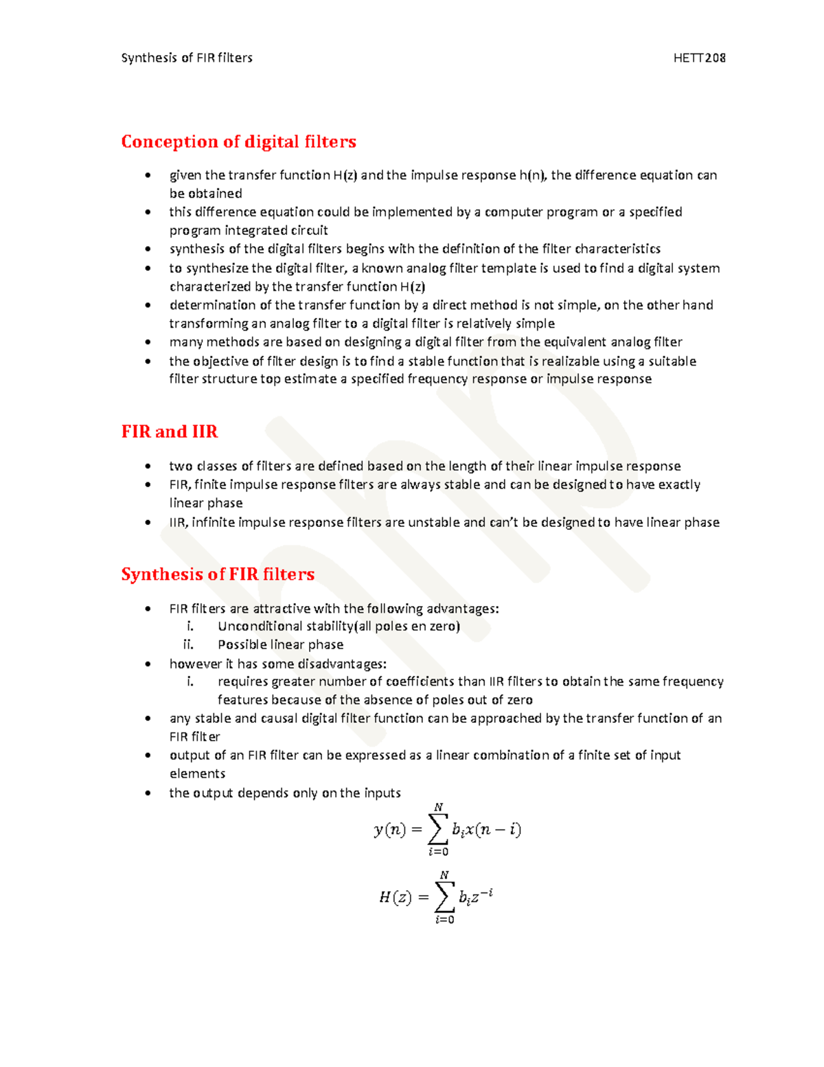 Synthesis Of Fir Filters Conception Of Digital Filters Given The Transfer Function Hz And