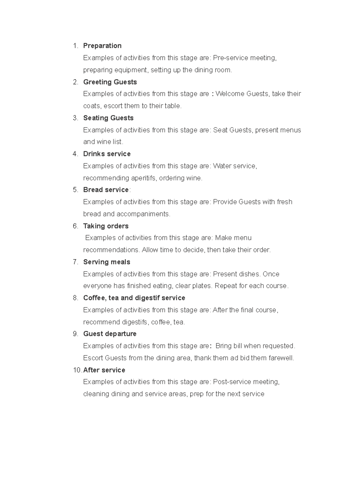 summary ten phase of service - Preparation Examples of activities from ...