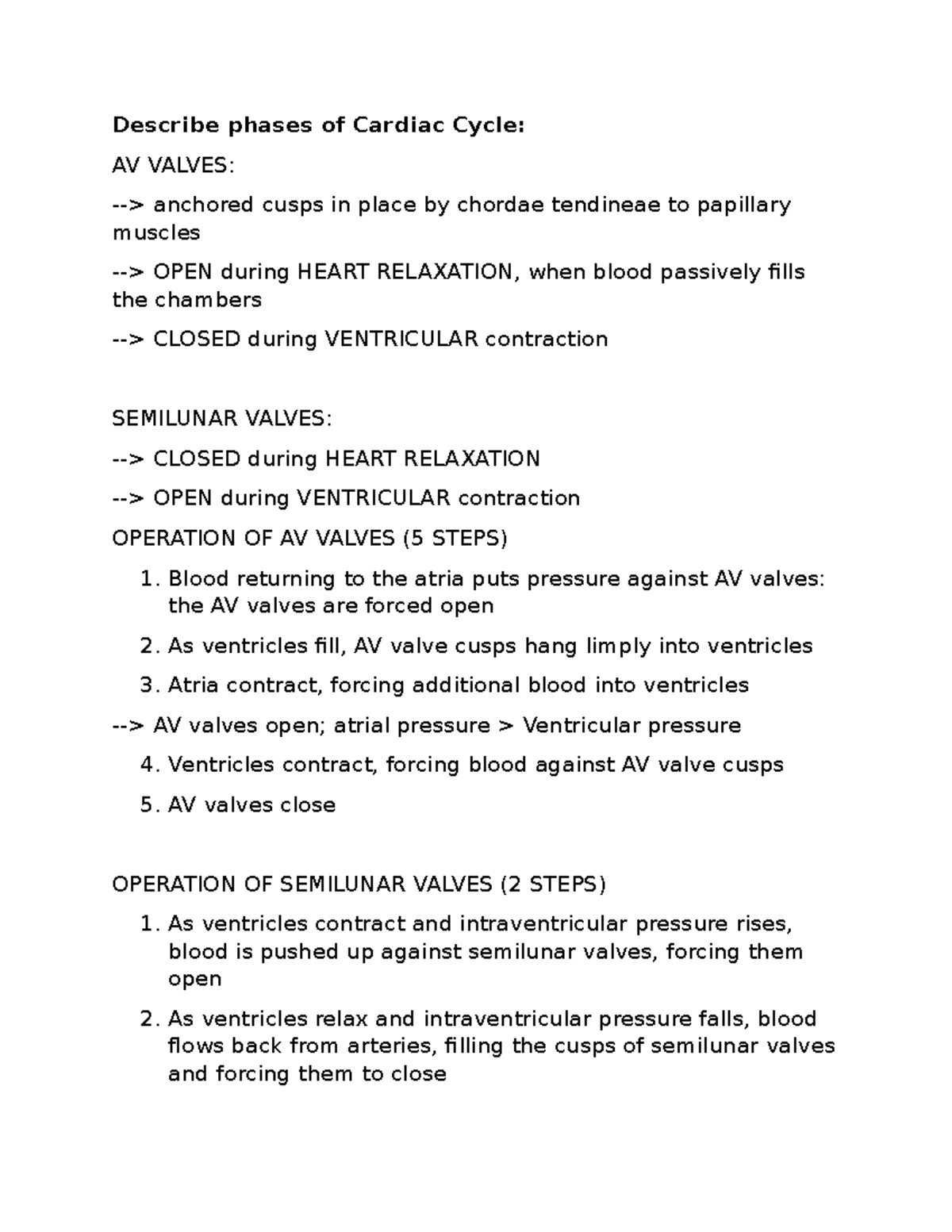 Cardio 2 - Review - Describe phases of Cardiac Cycle: AV VALVES ...