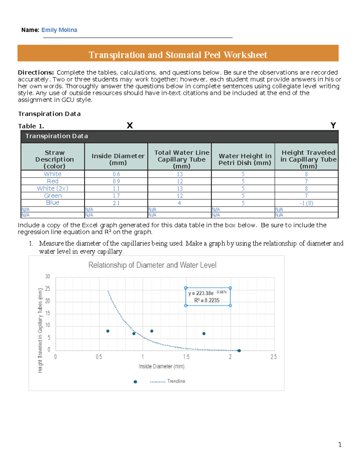 Transpiration Stomatal Lab - Directions: Complete the tables ...