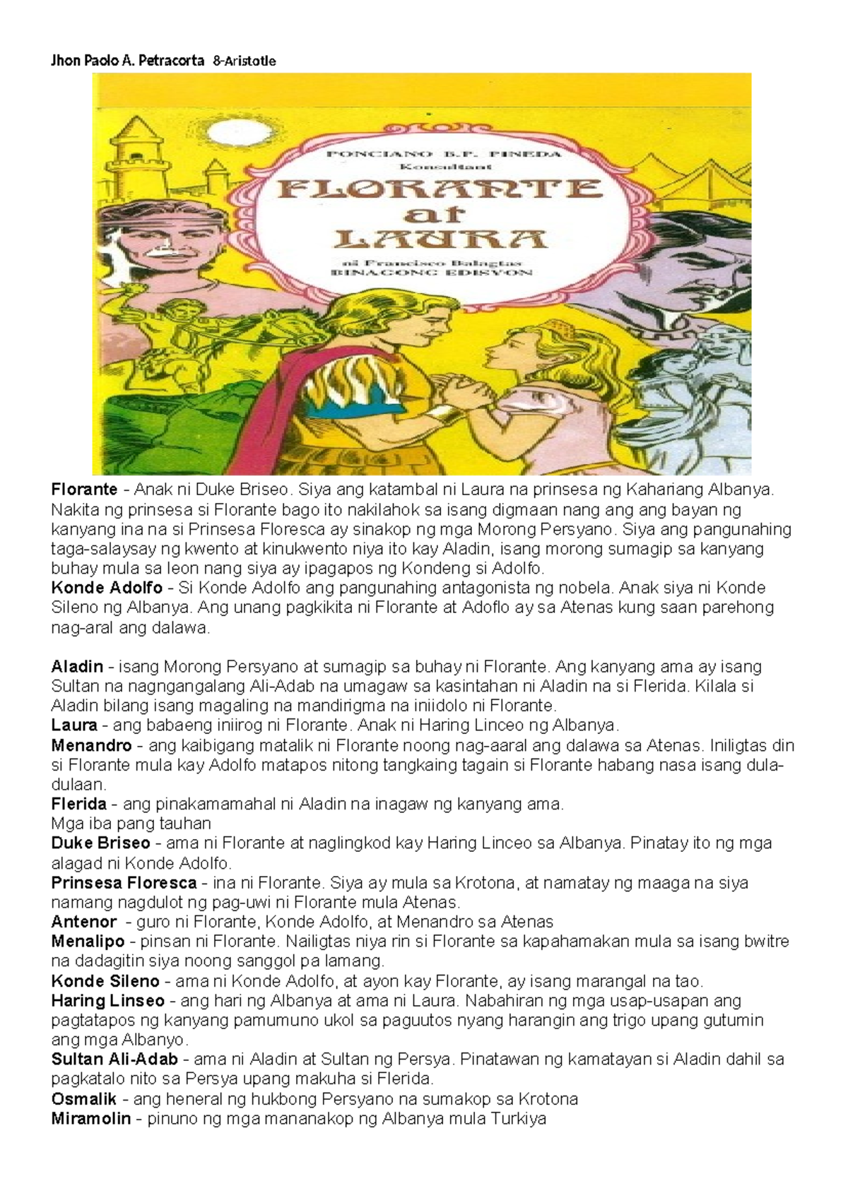 Florante at laura mga tauhan - Jhon Paolo A. Petracorta 8-Aristotle ...