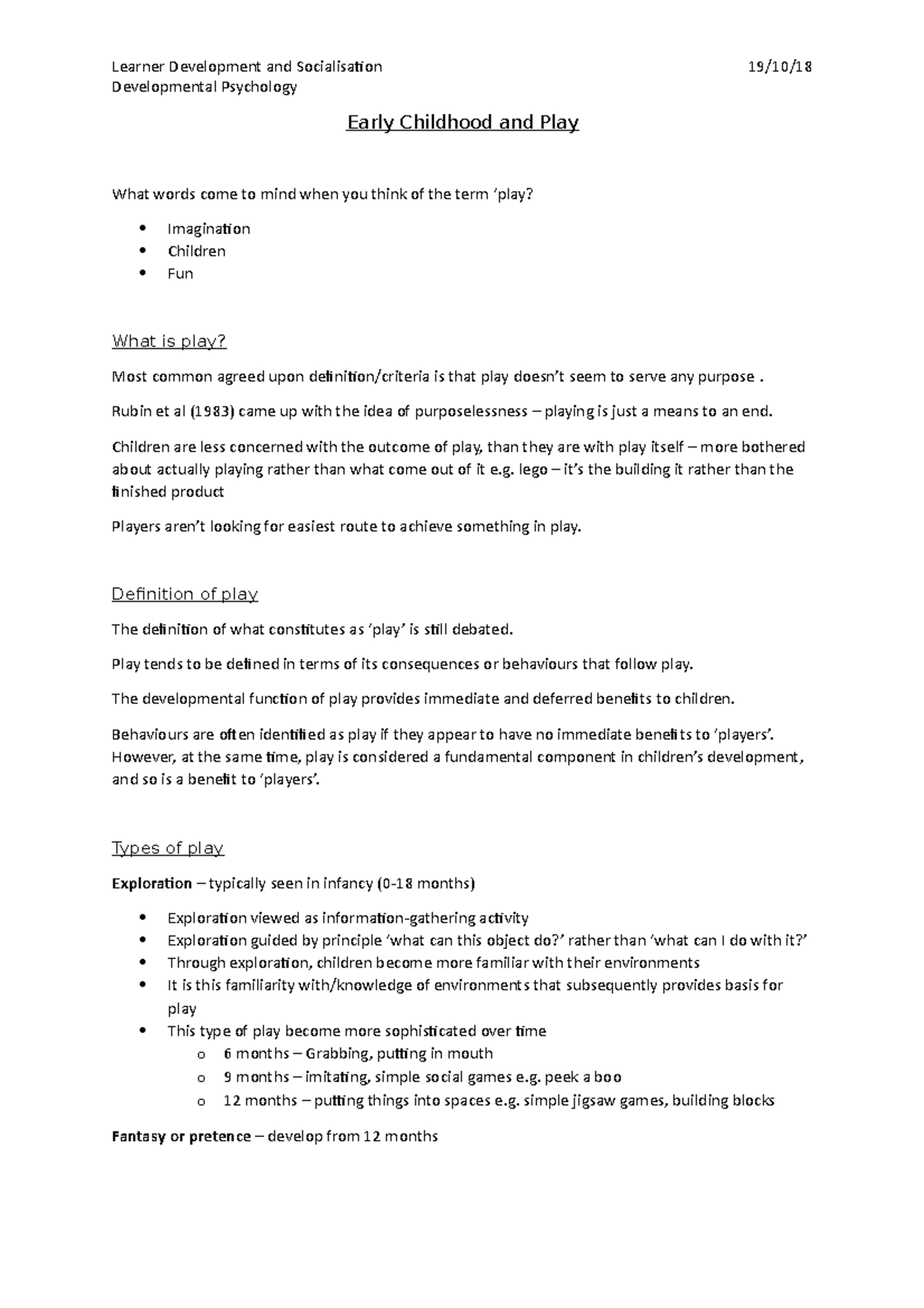 Developmental psychology - Lecture 3 notes - Early Childhood and Play ...