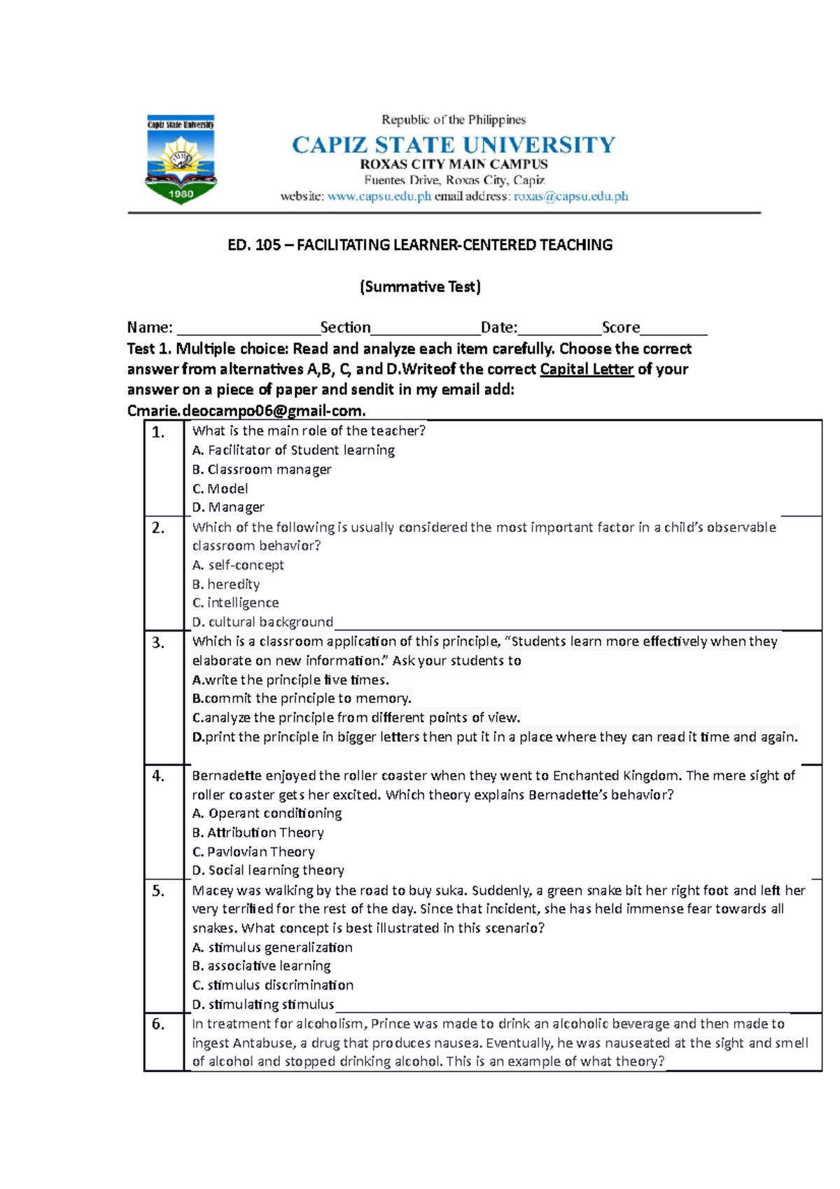Summative Test in Ed 105 Facilitating Learner Centered Teaching 2023 ...
