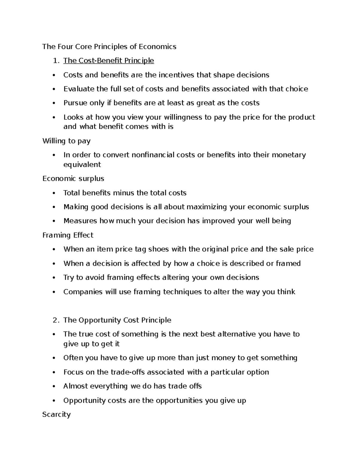 Chapter 1 notes - The Four Core Principles of Economics 1. The Cost ...