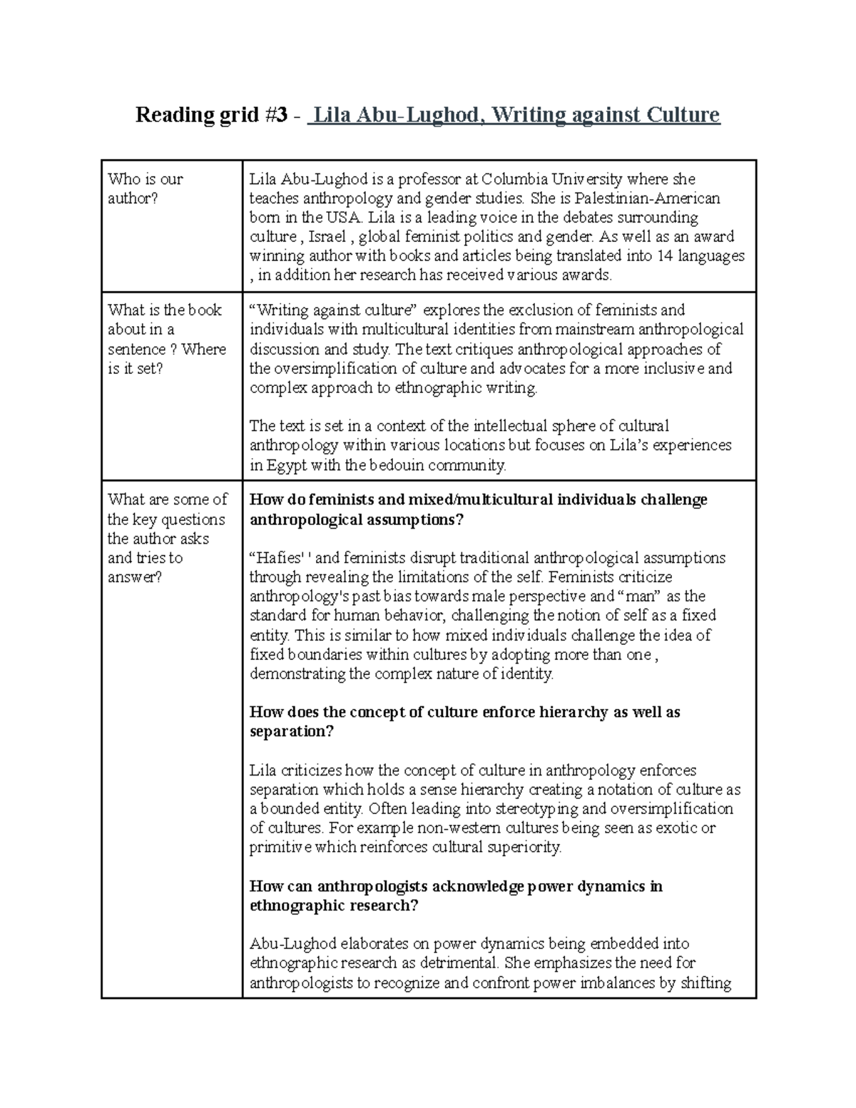 #3 Reading grid - Lila Abu-Lughod, Writing against Culture - Reading ...