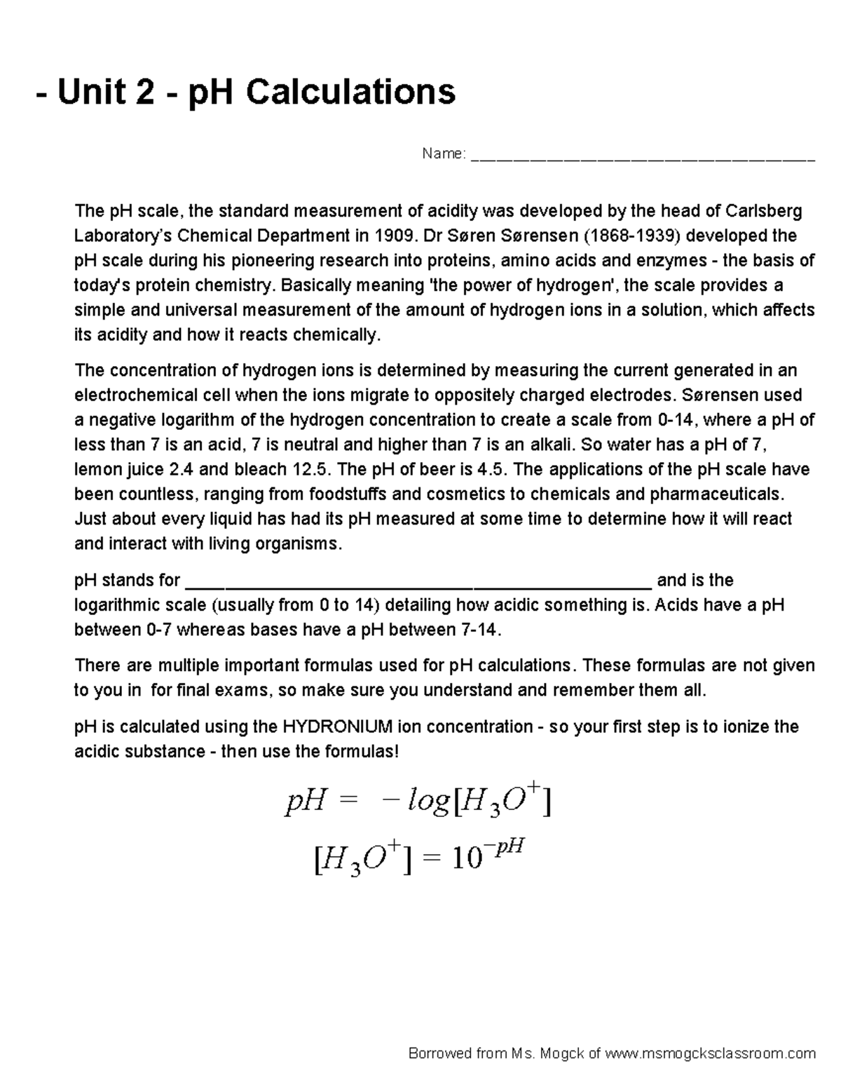 P H Calculations - Practice problem + Review - Unit 2 - pH Calculations ...