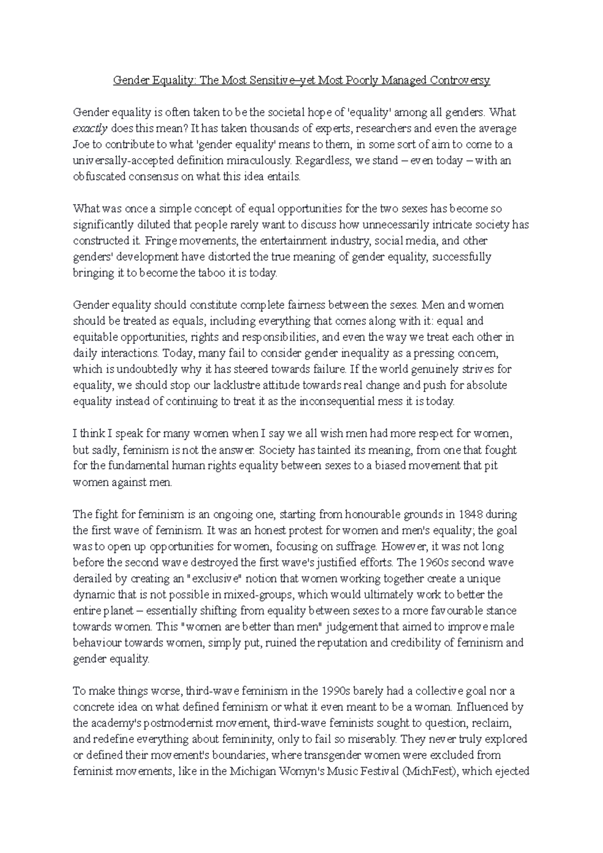 BGS Essay Gender Equality is Dumb - Gender Equality: The Most Sensitive ...