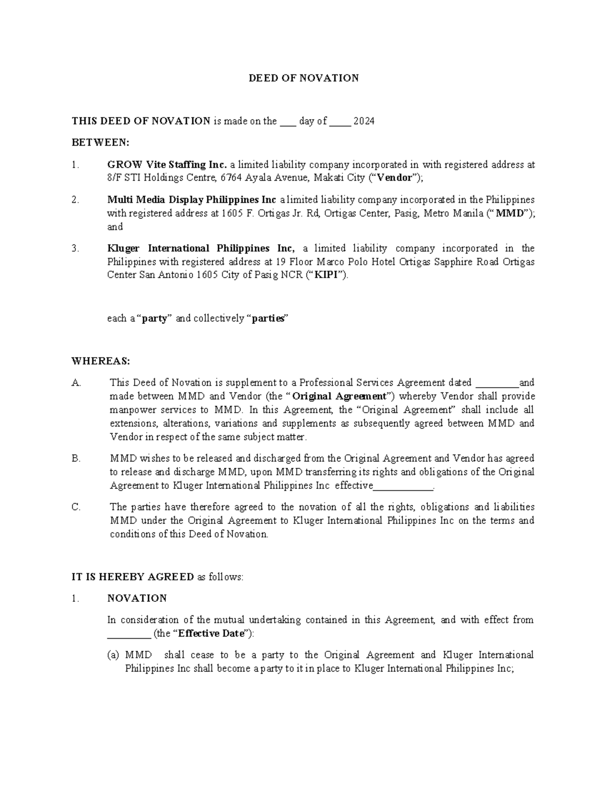 DEED-OF- Novation - Sample - DEED OF NOVATION THIS DEED OF NOVATION is ...