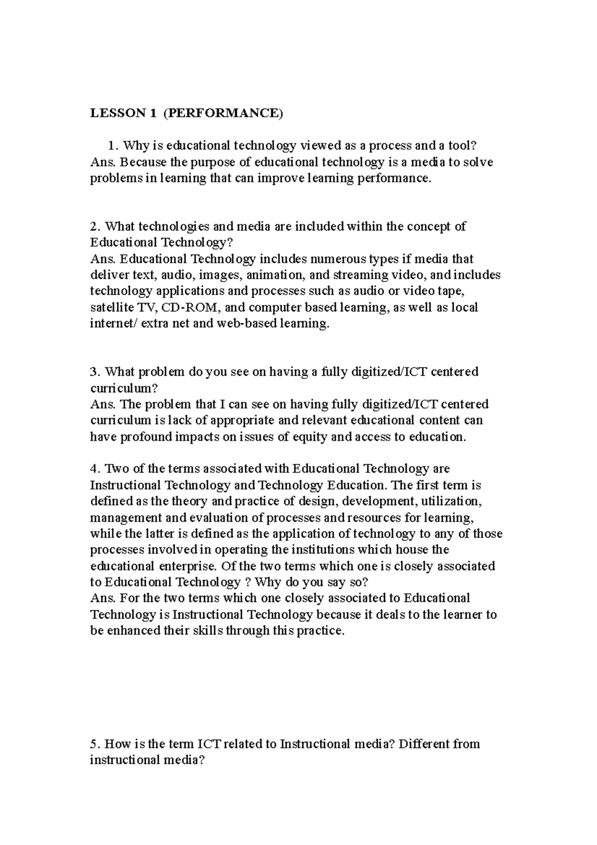 Ed 215- Performance ( Lesson 1) - LESSON 1 (PERFORMANCE) Why is ...