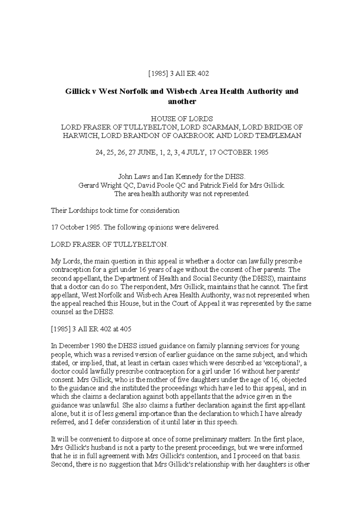 Gillick v West Norfolk (readable) - [1985] 3 All ER 402 Gillick v West ...