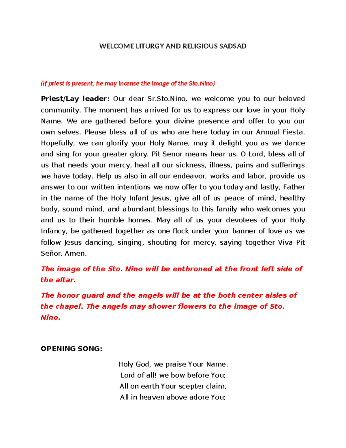 Sadsad 1 - WELCOME LITURGY AND RELIGIOUS SADSAD (If priest is present ...