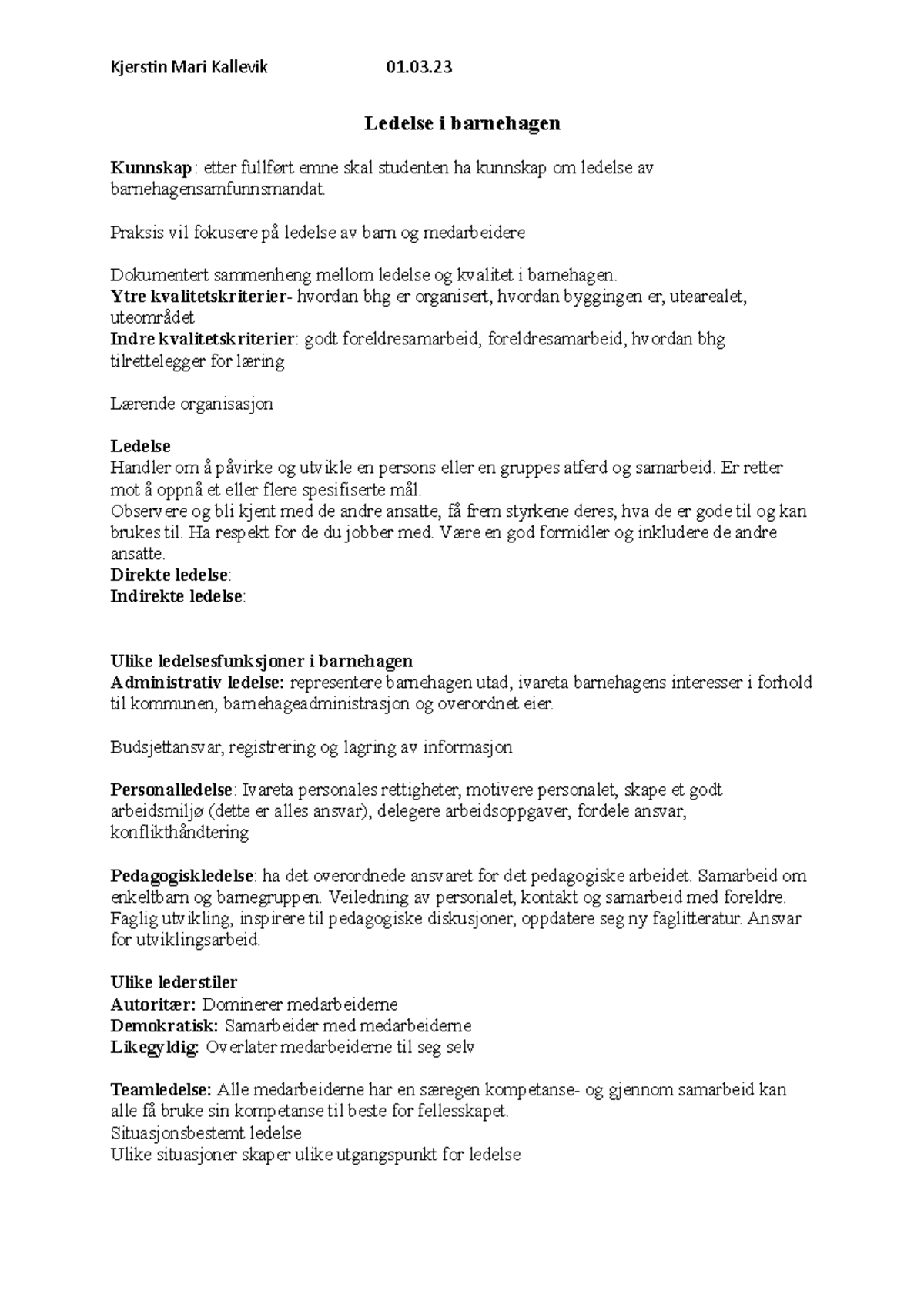 Ledelse i barnehagen - Kjerstin Mari Kallevik 01. Ledelse i barnehagen ...