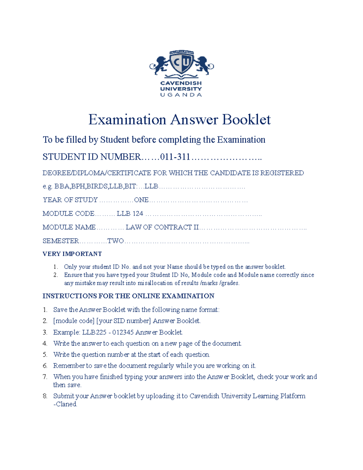 LLB124- 001311 - assay - Examination Answer Booklet To be filled by ...