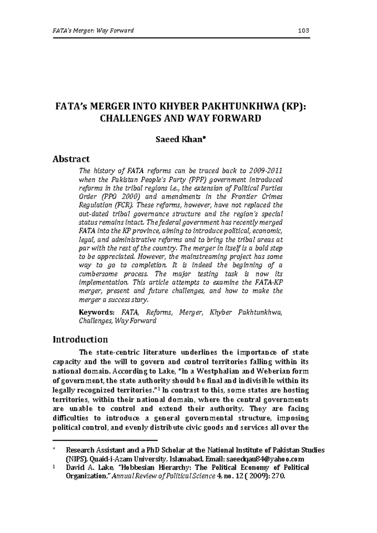 7 - pakstudies - FATA’s Merger: Way Forward 103 FATA’s MERGER INTO ...