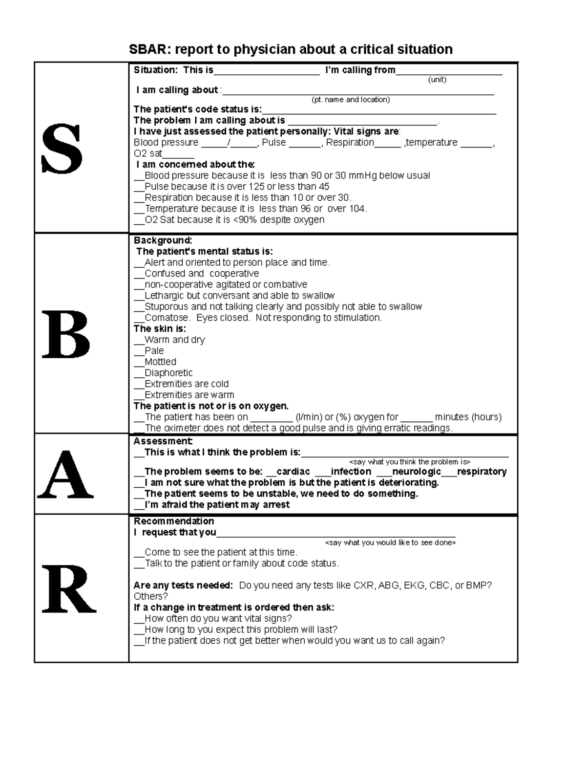 SBAR-worksheet-Example - SBAR: report to physician about a critical ...